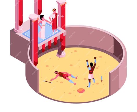 콜로세움 전투 검투사 투사들은 라운드 경기장에서 싸우는 무기를 들고 고대 역사적 인물들이 벡터 아이소메트릭 배경을 가리고 있습니다 프리미엄 벡터