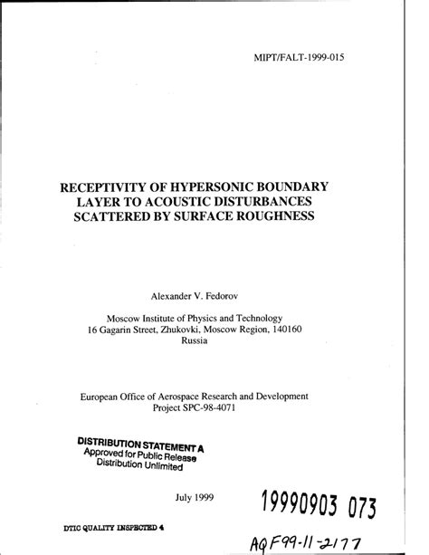 Pdf Receptivity Of Hypersonic Boundary Layer To Acoustic Disturbances