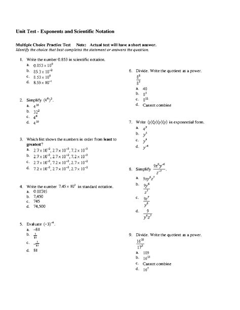 Exponents Practice Test Unit Test Exponents And Scientific Notation