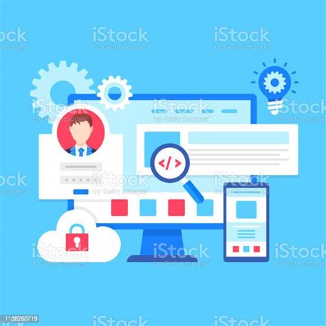 웹 개발 벡터 일러스트입니다 프로그래밍 프런트 엔드 개발 개념 평면 디자인입니다 웹 사이트 블록이 있는 컴퓨터 화면에 로그인