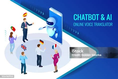 아이소메트릭 온라인 음성 번역기 및 학습 언어 개념입니다 E학습 언어 또는 오디오 가이드를 번역 인공 지능 Chatbot 번역기입니다 등측투영법에 대한 스톡 벡터 아트 및
