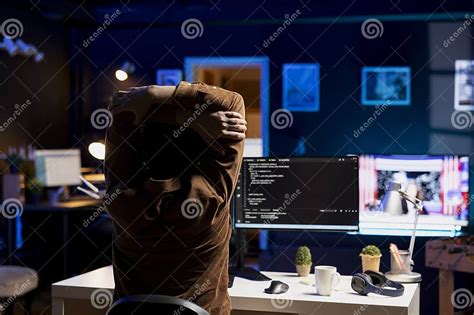 Programmer Doing Software Quality Assurance Stretching Arms Behind Back Stock Image Image Of