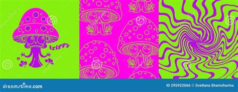 Retro Psychedelic Hippie Posters With Trippy Mushrooms And Fluid Acid