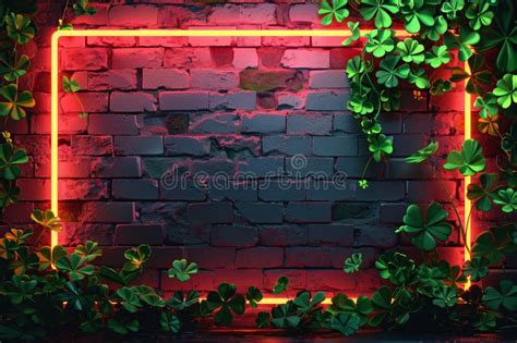 Neon Glowing Green Sign Frame With Clover Leaves On Old Black Brick