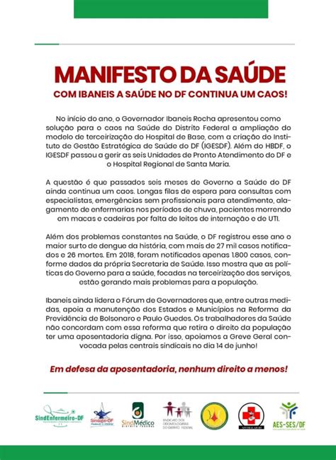 Manifesto da Saúde IBANEIS A SAÚDE NO DF CONTINUA UM CAOS