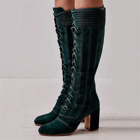 Dark Green Vegan Suede Sewed Knee Lace Up Boots With Block Heels