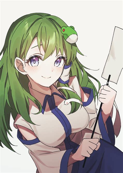 Wanko Sora Kochiya Sanae Touhou Commentary Request Highres 1girl Bare Shoulders Blue Eyes