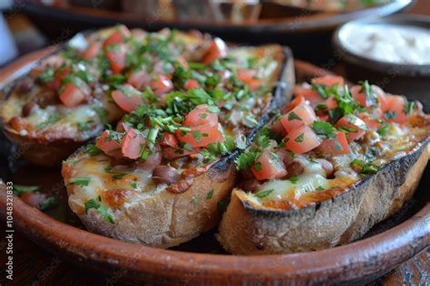 A Serving Of Molletes Open Faced Sandwiches With Refried Beans And