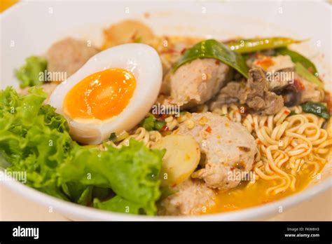 Thai Noodle Soup In A Bowl Taste Spicy Noodle Soup And Boiled Egg Stock
