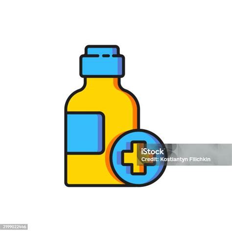 색깔 약 시럽 아이콘 절연 통하고 있는 백색 배경 통하고 있는 병 그림자가 있는 평면으로 채워진 윤곽선 스타일입니다 벡터 0명에 대한 스톡 벡터 아트 및 기타 이미지