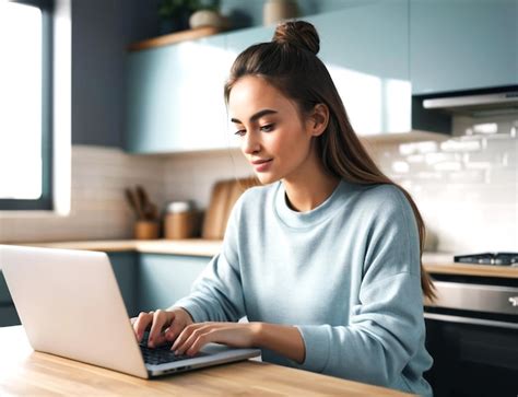 Beautiful Caucasian Young Woman Working Online Uses A Laptop Online