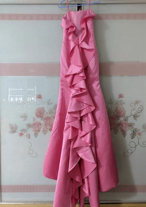 Pink Satin Prom Dresses With Ruffles Long Formal Gown Spaghetti Straps