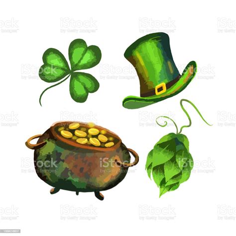 성 패트릭의 날을 축하하기위한 일러스트 레이션 세트 레프레콘 모자 금 클로버 홉 콘 냄비 St Patricks Day에 대한