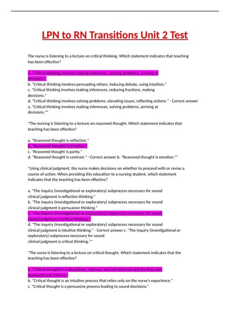 LPN To RN Transitions Unit 2 Test With Correct And Verified Answers