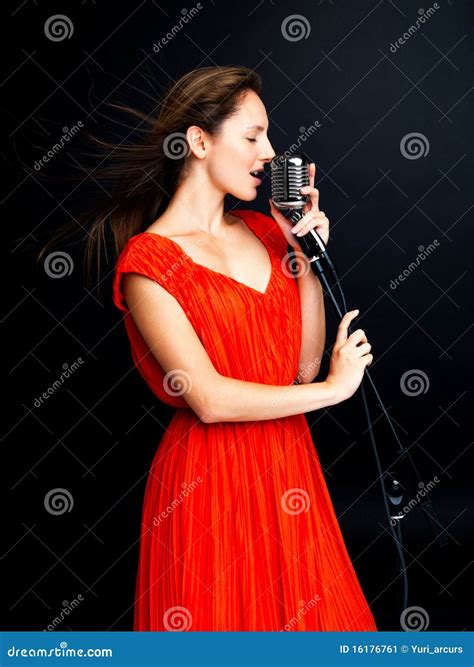 Rock Star Pretty Woman Singing In Retro Mic Stock Image Image Of
