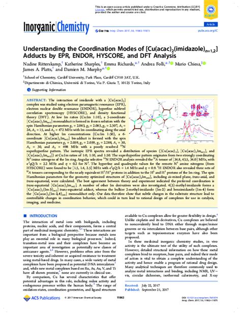 Pdf Understanding The Coordination Modes Of [cu Acac 2 Imidazole N 1 2] Adducts By Epr Endor