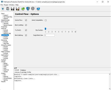Control Flow User Interface - PreEmptive Protection DashO for Android & Java 10.0
