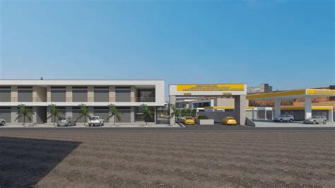 Gare routière moderne avec parking restaurant et station service