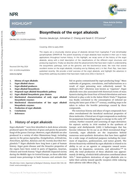 Pdf Biosynthesis Of The Ergot Alkaloids