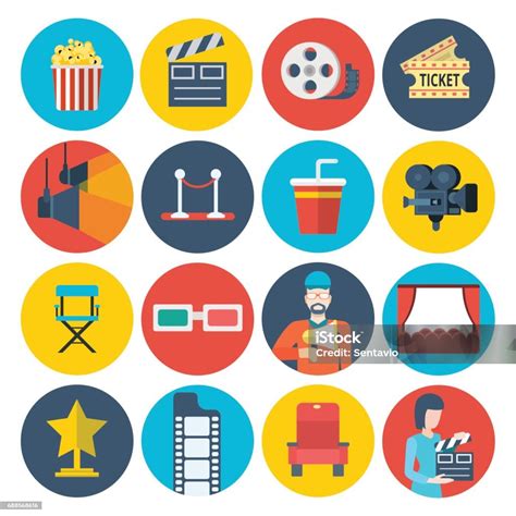 플랫 영화 비디오 영화 보고 디자인 아이콘 세트입니다 현대 웹사이트 Infographics 스타일 벡터 일러스트 레이 션 개념 컬렉션입니다 팝콘 추 영화 티켓 라이트 카메라