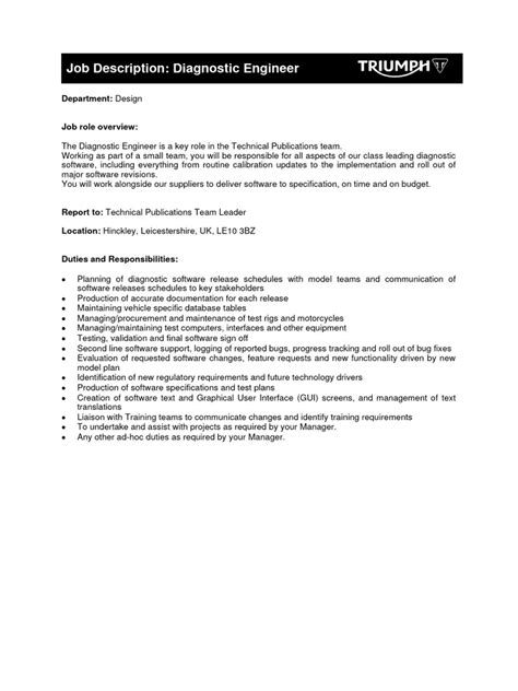 Diagnostic Engineer De288 Job Description And Person Specification Pdf Software