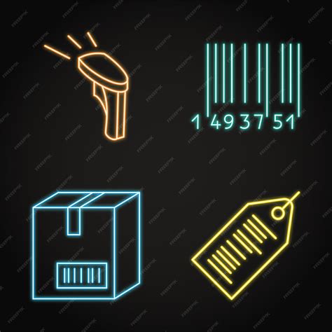 네온 바코드 태그 및 스캐너 아이콘 세트 프리미엄 벡터