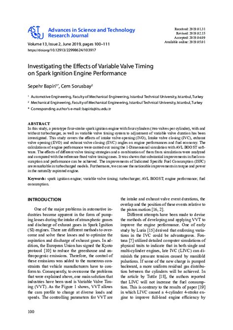 Pdf Investigating The Effects Of Variable Valve Timing On Spark Ignition Engine Performance