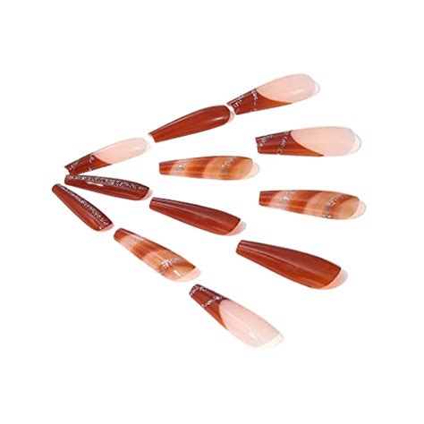 Brishow Coffin False Nails Long Fake Nails Brown Glitter Press On Nail
