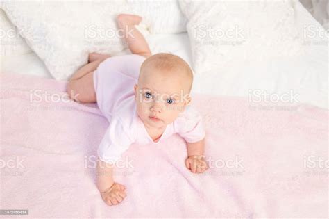 집에서 흰색과 분홍색 침대에 기어 다니는 6개월 된 작은 아기 소녀 멀리 바라보며 상위 뷰 텍스트 장소 2 5 개월에 대한 스톡