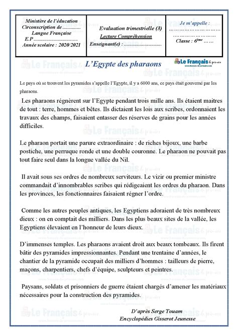 Examen lecture compréhension 6eme année N3 3eme trimestre Le