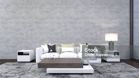 짙은 갈색 돌 바닥에 놓인 현대적인 고급 흰색 소파 갓이있는 흰색 사이드 테이블 빈 콘크리트 벽이있는 현대적인 목재 흰색 커피 테이블의 모의 객실 3d 그림 0명에 대한