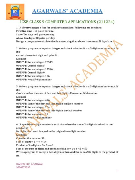 Icse Class 9 Computer Applications Programming Homework Pdf Numbers