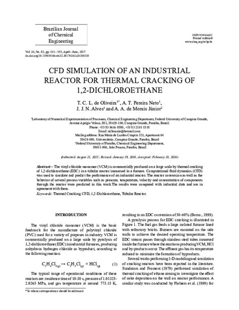 Pdf Cfd Simulation Of An Industrial Reactor For Thermal Cracking Of 12 Dichloroethane