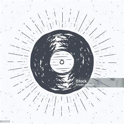 비닐 레코드 빈티지 라벨 손으로 그린된 스케치 그런 지 질감된 복고풍 배지 인쇄 술 디자인 T셔츠 인쇄 벡터 일러스트 Dj에 대한 스톡 벡터 아트 및 기타 이미지 Istock