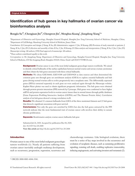 Pdf Identification Of Hub Genes In Key Hallmarks Of Ovarian Cancer Via Bioinformatics Analysis