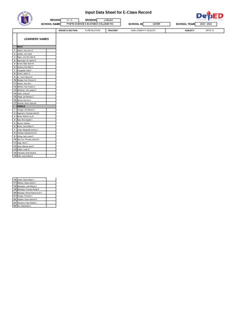 Psbc E Class Record Arts 10 Revelation Pdf Philippines Public