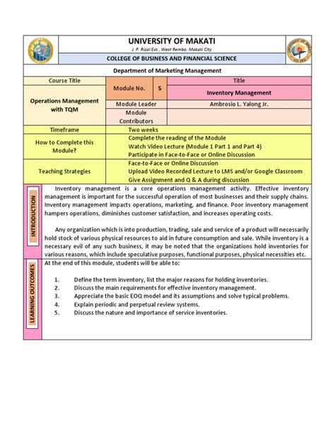 module 5 operation management with tqm pdf inventory operations