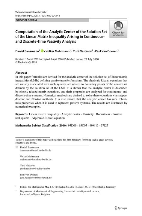 Pdf Computation Of The Analytic Center Of The Solution Set Of The Linear Matrix Inequality