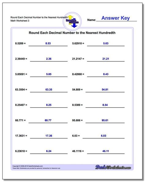 Round Each Decimal Number To The Nearest Hundredth Worksheet Rounding Worksheets Rounding
