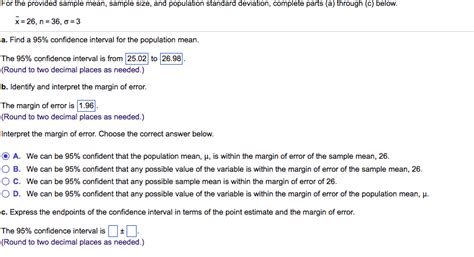 Solved For The Provided Sample Mean Sample Size And