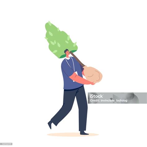 자원 봉사자는 흰색 배경에 고립 된 토양에 심기 위해 나무를 운반합니다 에코 활동가 남성 캐릭터가 자연을 구합니다 개념에 대한