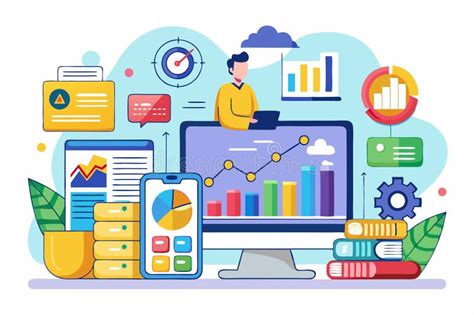 The Illustration Features A Person Analyzing Data Trends On A Computer Surrounded By Colorful