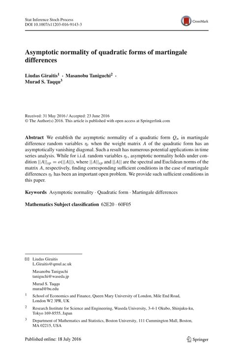 Pdf Asymptotic Normality Of Quadratic Forms Of Martingale Differences