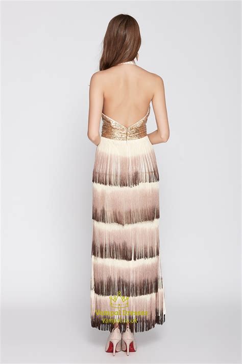 Gold Champagne Sequin Tassel V Neck Halter Tiered Ruffle Prom Dresses