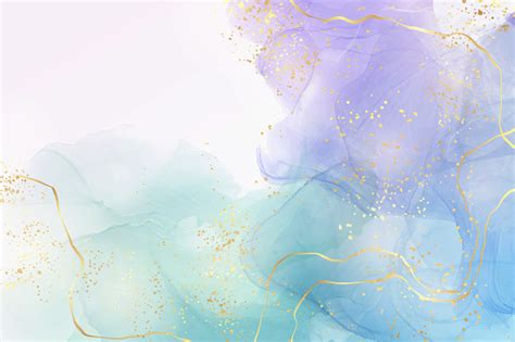 황금 얼룩이있는 보라색 시안 파란색 액체 수채화 배경 청록색 보라색 대리석 알코올 잉크 그리기 효과 웨딩 초대 메뉴 Rsvp에 대한 벡터 일러스트 디자인 템플릿 수채화