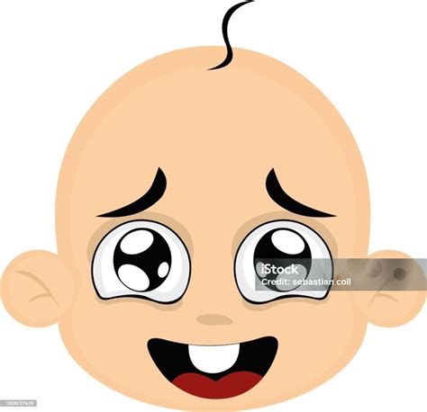 쾌활한 표정으로 아기의 머리의 벡터 이모티콘 일러스트 만화 열린 입으로 미소 귀여운에 대한 스톡 벡터 아트 및 기타 이미지