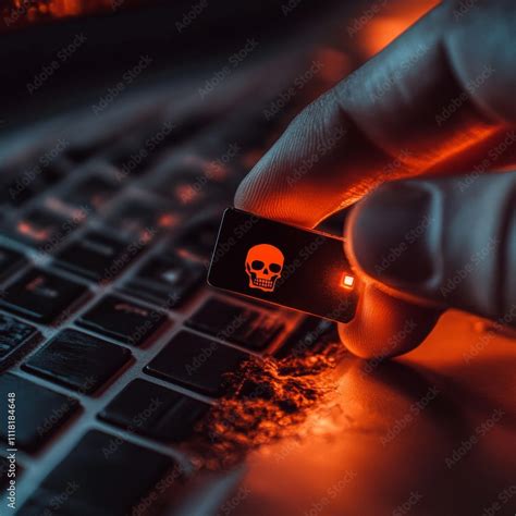a hacker armed with a usb containing a skull symbol is ready to