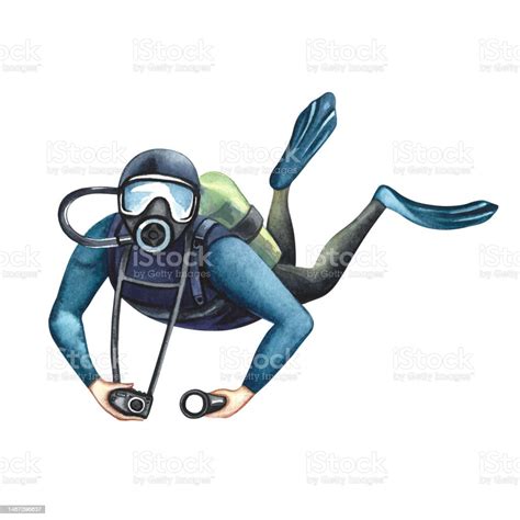 다이버는 수 중에서 수영합니다 수중 여행 손으로 그린 수채화 라벨 배너 전단지 브로셔에 대한 개념 스쿠버 다이빙에 대한 스톡 벡터 아트 및 기타 이미지 Istock