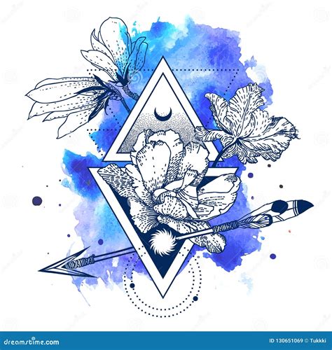 Vector Geometric Alchemy Symbol With Flowers Moon Sun Triangle
