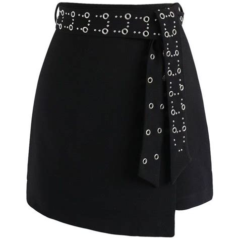 Stylish Metallic Circles Belted Flap Bud Skirt In Black